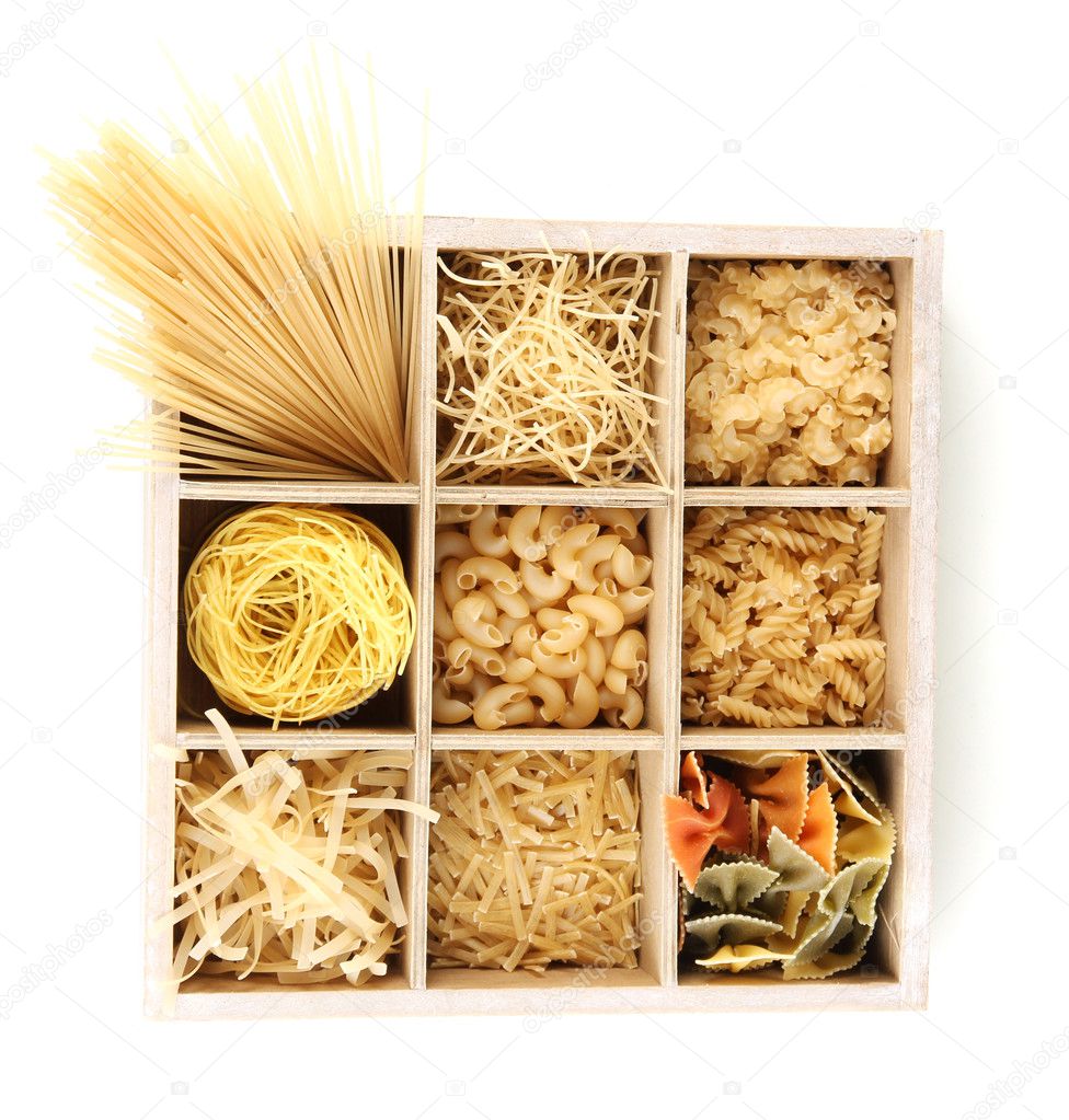 Nine types of pasta in wooden box sections isolated on white — Stock ...
