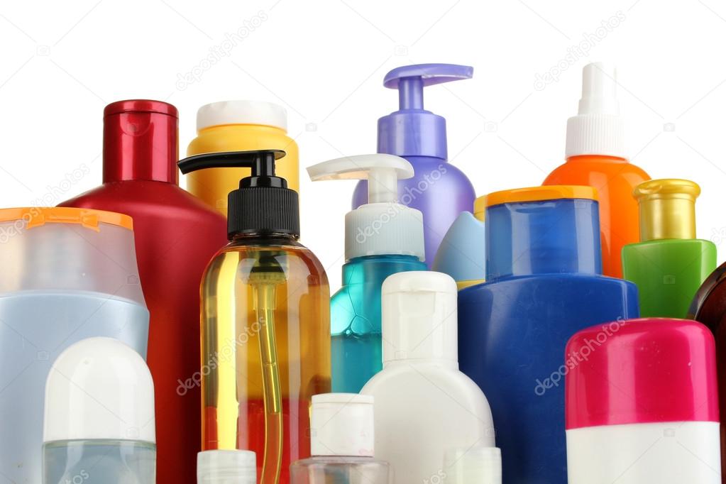 A lot of different cosmetic products for personal care isolated on ...