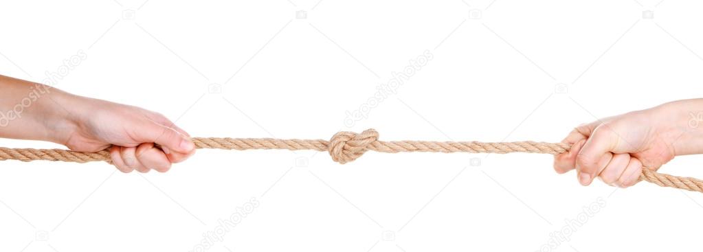 Hands pull rope isolated on white — Stock Photo © belchonock #17682933
