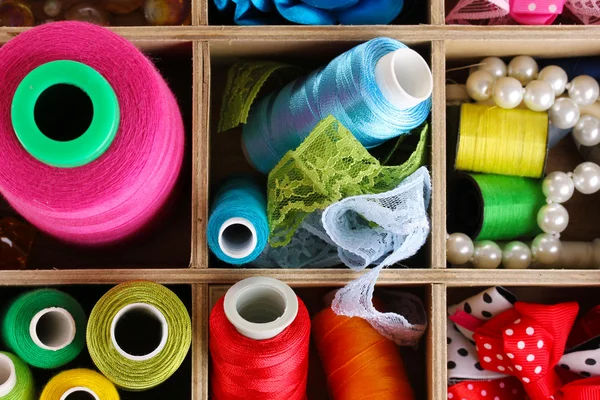 thread and material for handicrafts in box close-up - Stock Image ...