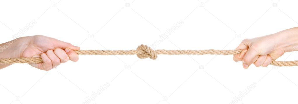 Hands pull rope isolated on white — Stock Photo © belchonock #18572905