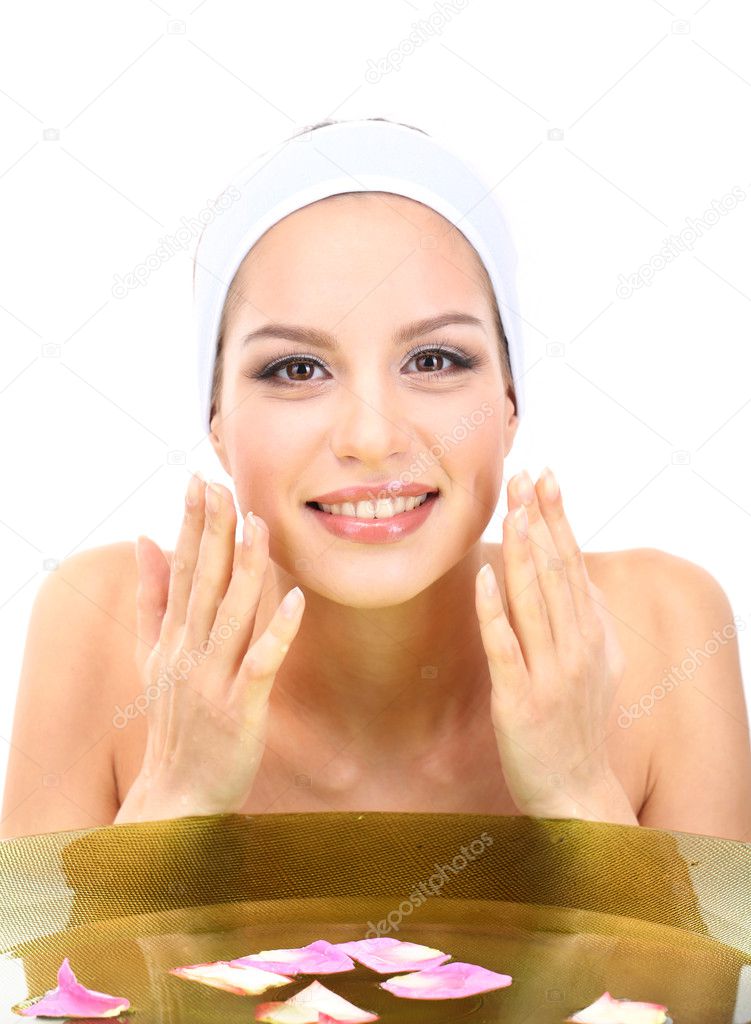 Young woman washing her face. Conceptual photo: make-up remover Stock ...