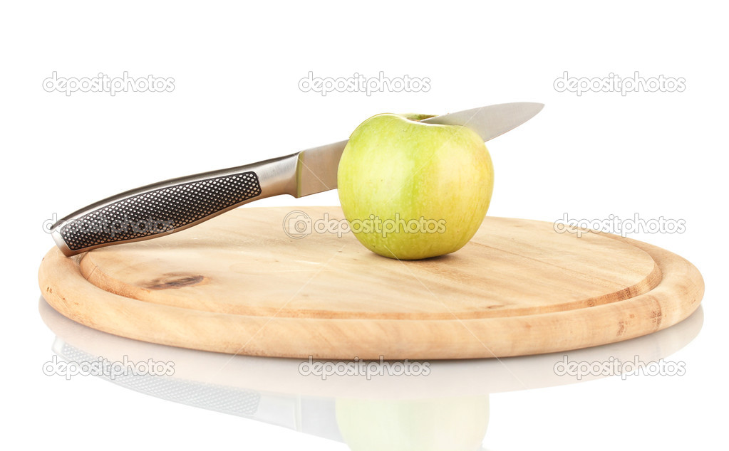Red apple and knife on cutting board, isolated on white Stock Photo by ...