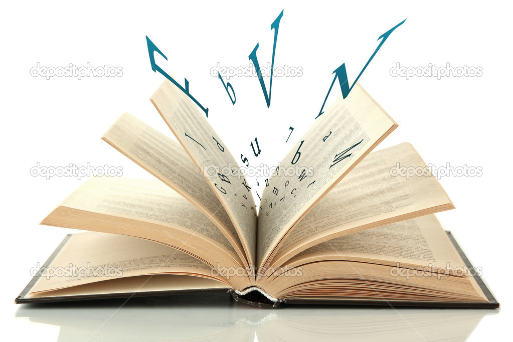 Libro abierto con letras volando fuera aislado en blanco — Fotos de ...