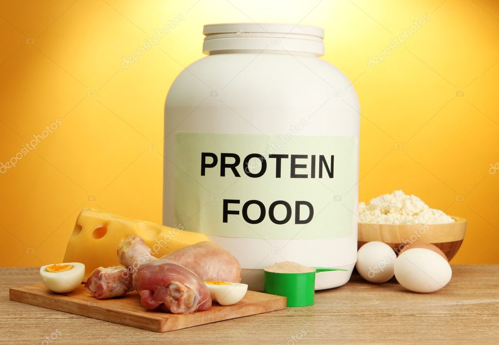 Jar of protein powder and food with protein, on yellow background Stock ...