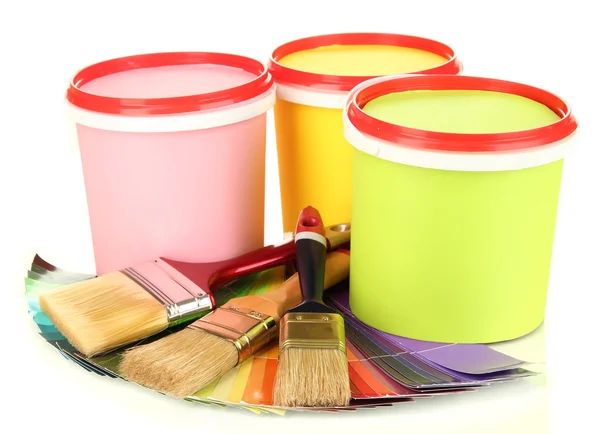 Set for painting: paint pots, brushes, palette of colors isolated on ...