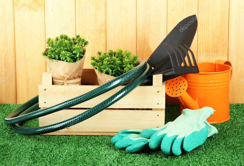 Garden tools on grass in yard — Stock Photo © belchonock #22195453