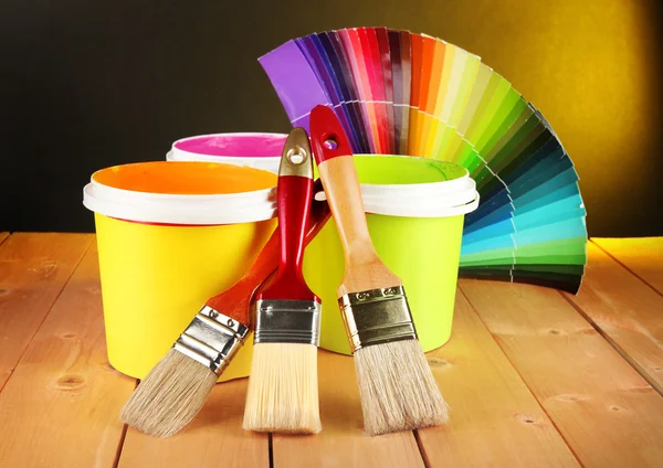 Set for painting: paint pots, brushes, palette of colors isolated on ...
