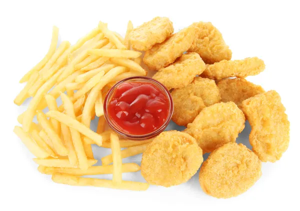 Fried chicken nuggets with french fries and sauce isolated on white ...