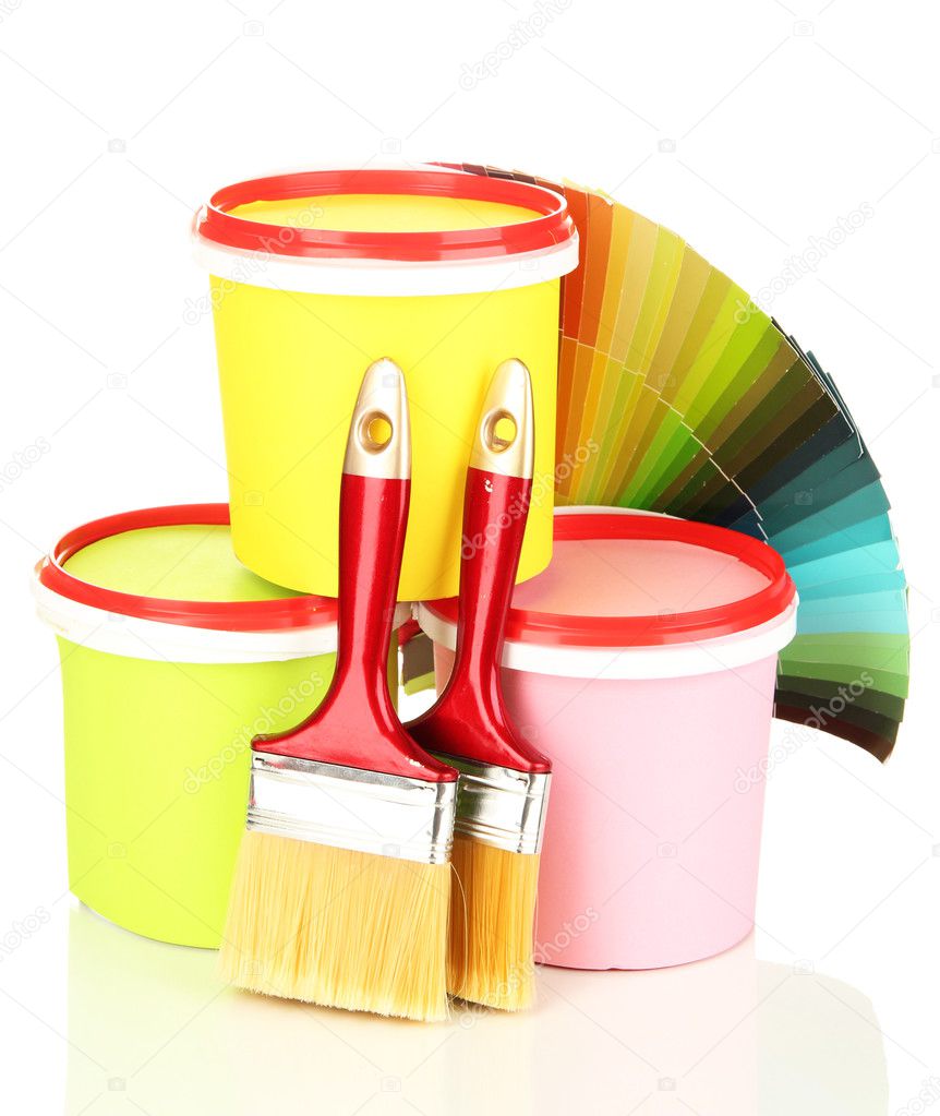 Set for painting: paint pots, brushes, palette of colors isolated on ...