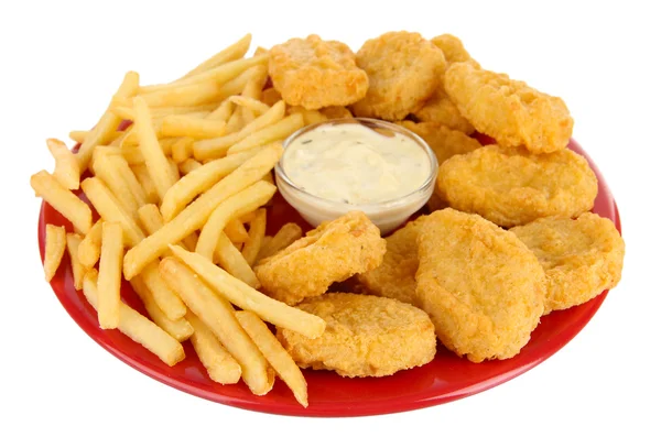 Fried chicken nuggets with french fries and sauce isolated on white ...