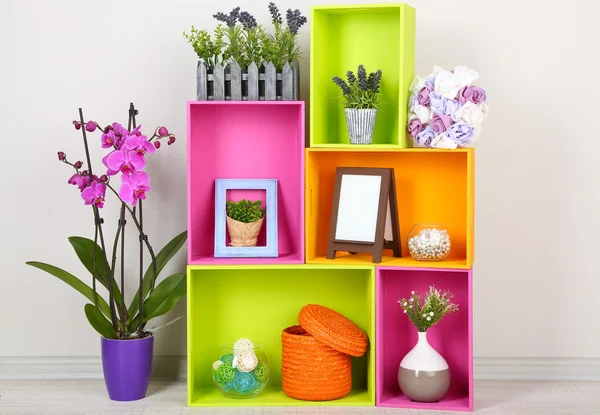 Beautiful colorful shelves with different home related objects Stock ...
