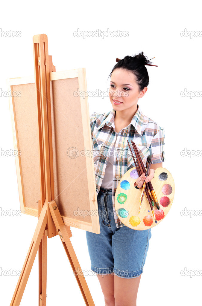 Bela pintora jovem no trabalho, isolado em branco fotos, imagens de ...