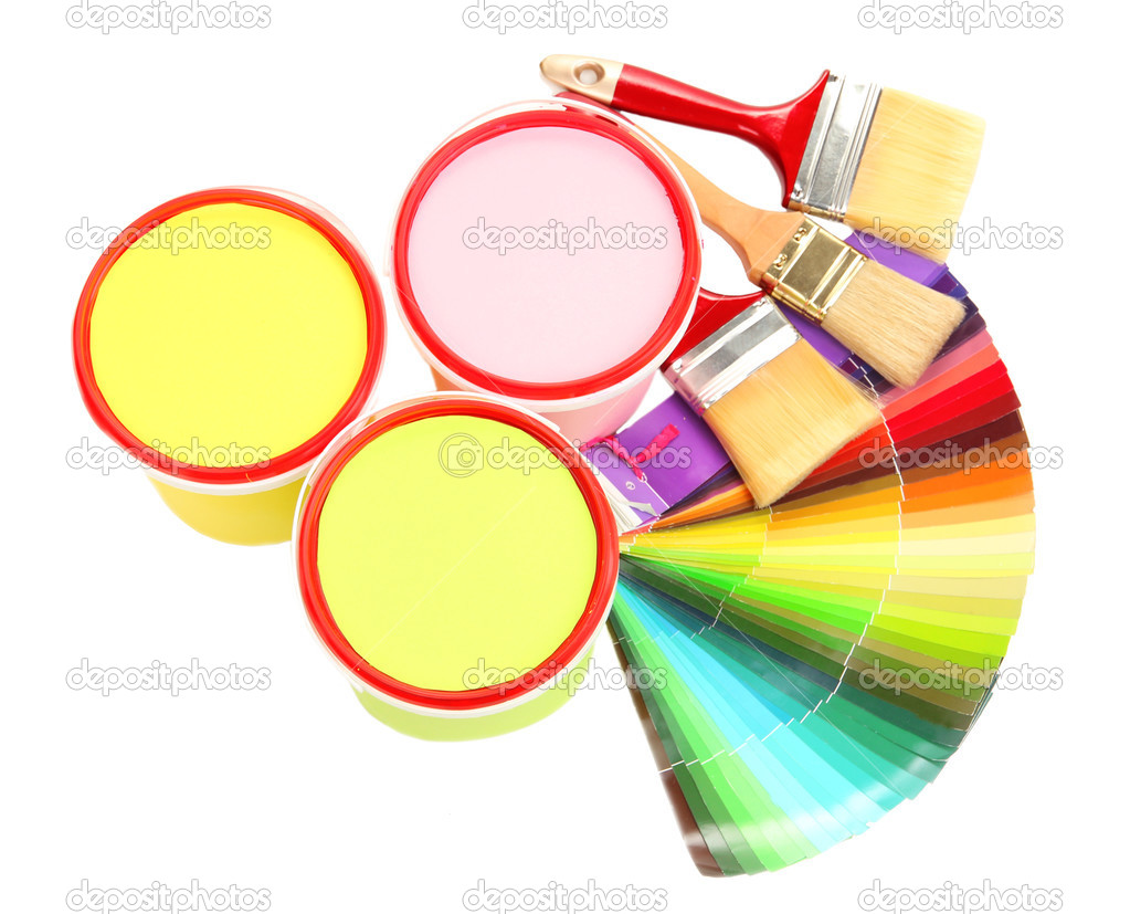 Set for painting: paint pots, brushes, palette of colors isolated on ...