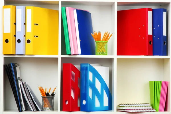 White office shelves with different stationery, close up — Stock Photo ...