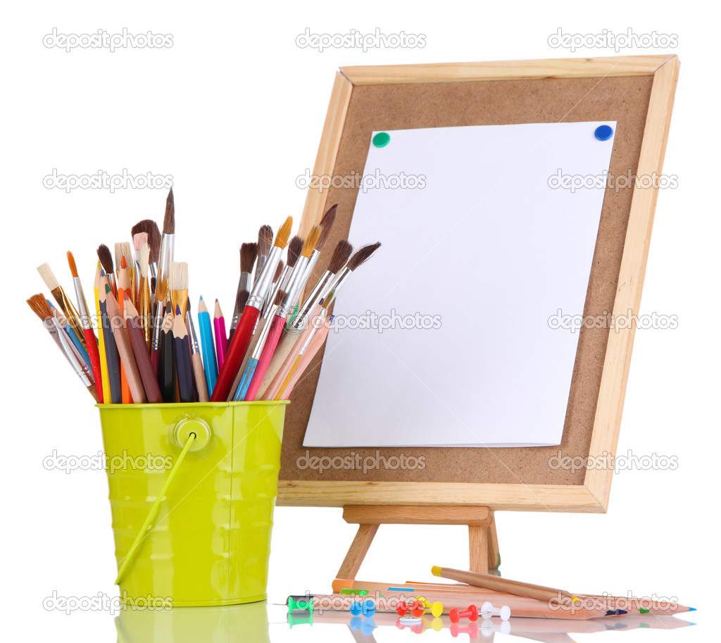 Small easel with sheet of paper with art supplies isolated on white ...