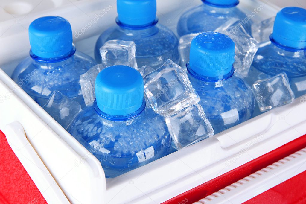 Bottles of water and ice cubes in traveling refrigerator, close up ...