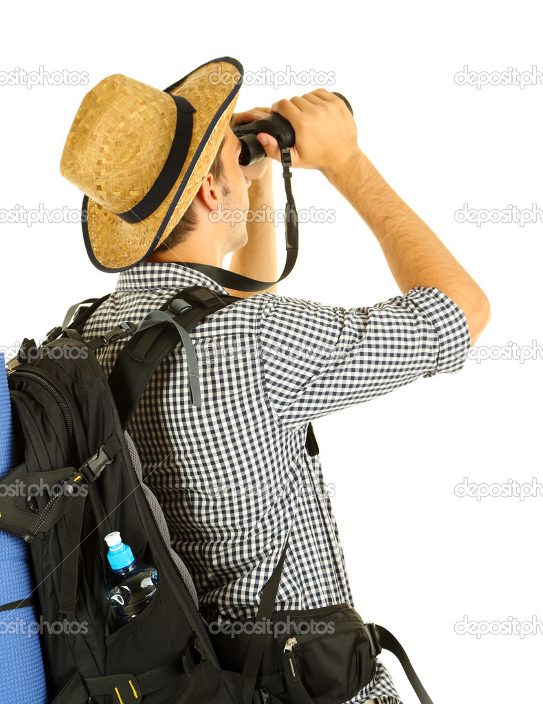 Joven excursionista turista con binocular, aislado en blanco ...