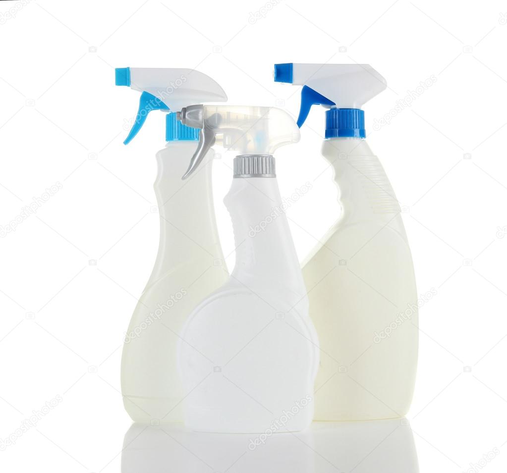 Different kinds of sprays for house cleaning, isolated on white — Stock ...