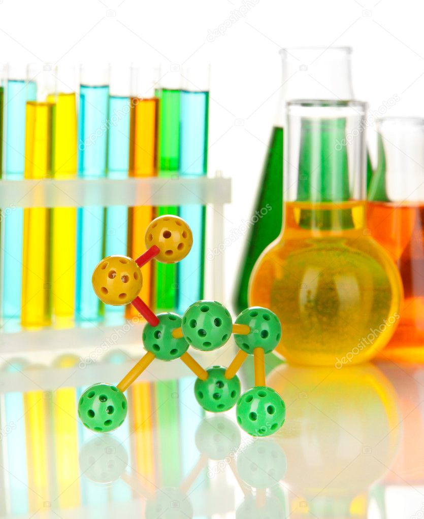 Molecule model and test tubes with colorful liquids isolated on white ...