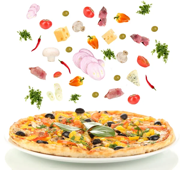 Tasty pizza and falling ingredients isolated on white Stock Photo by ...