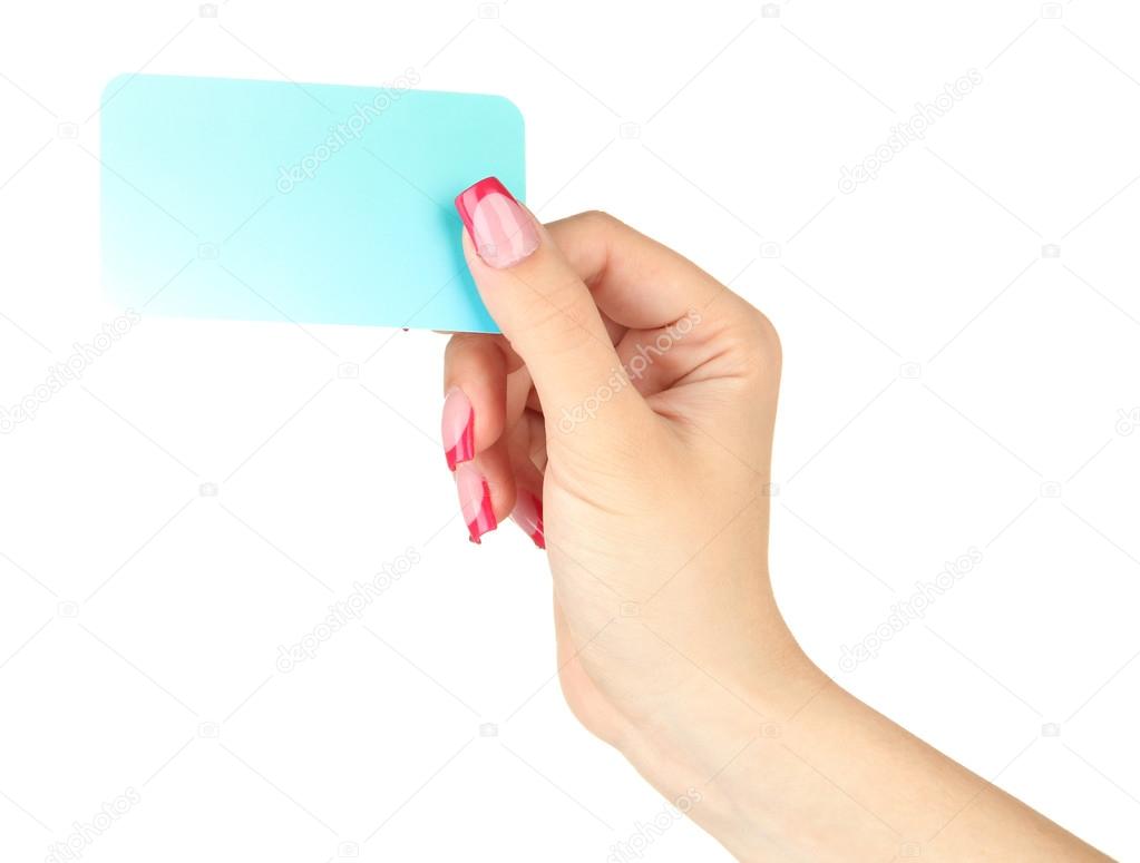 Female hand holding card, isolated on white — Stock Photo © belchonock ...