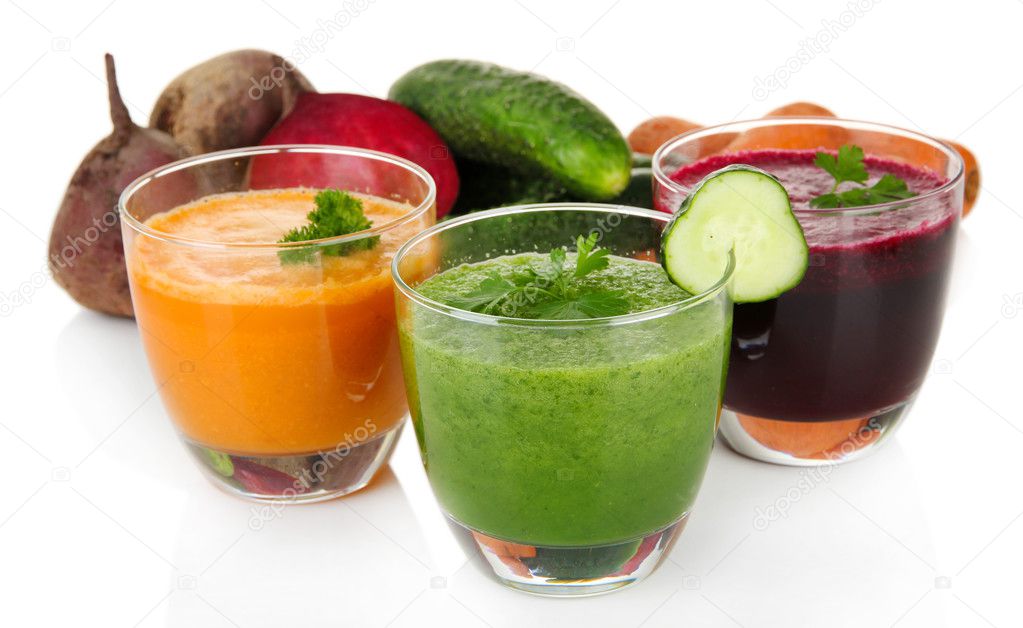 Fresh vegetable juices isolated on white — Stock Photo © belchonock ...