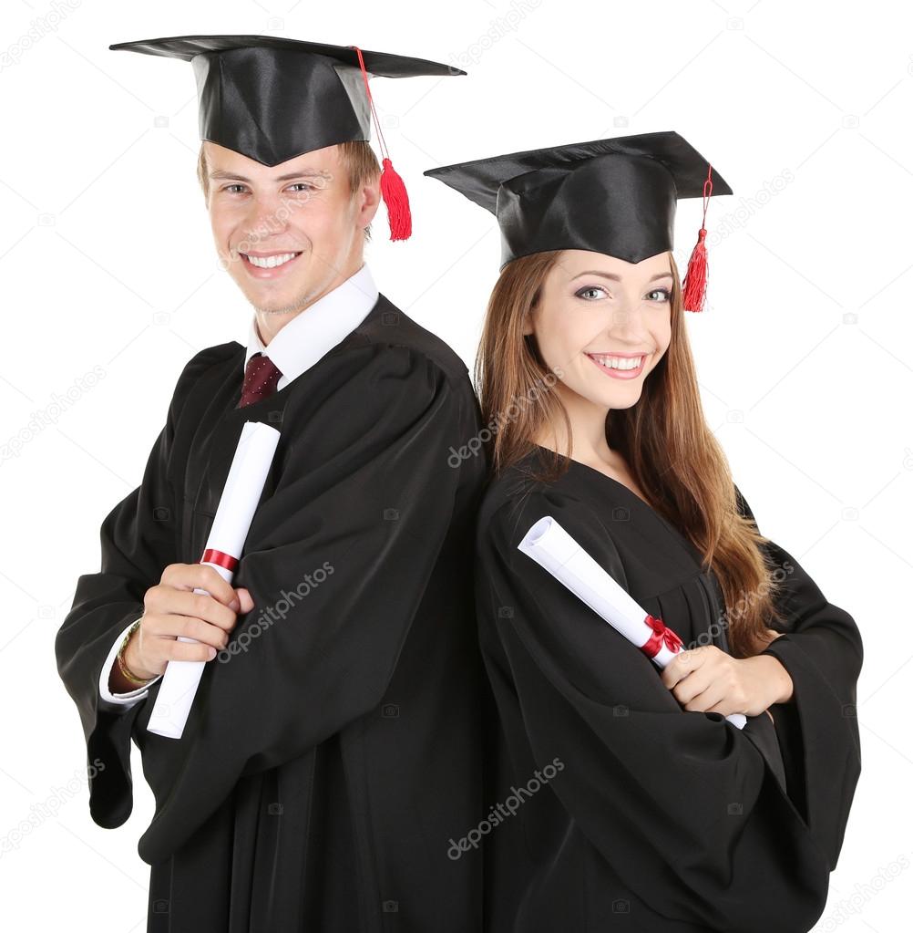 Two happy graduating students isolated on white — Stock Photo ...