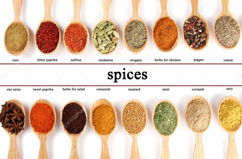 Many different spices with their name in wooden spoons isolated on ... Many different spices with their name in wooden spoons isolated on ...