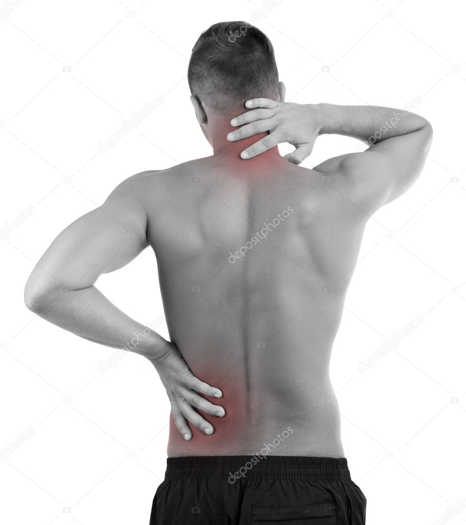 Young man with back pain, isolated on white Stock Photo by ©belchonock ...