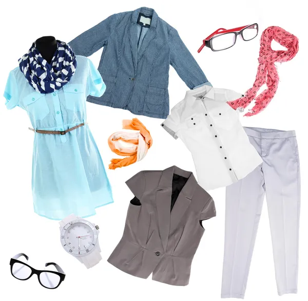 Collage of modern clothes and accessories isolated on white — Stock ...