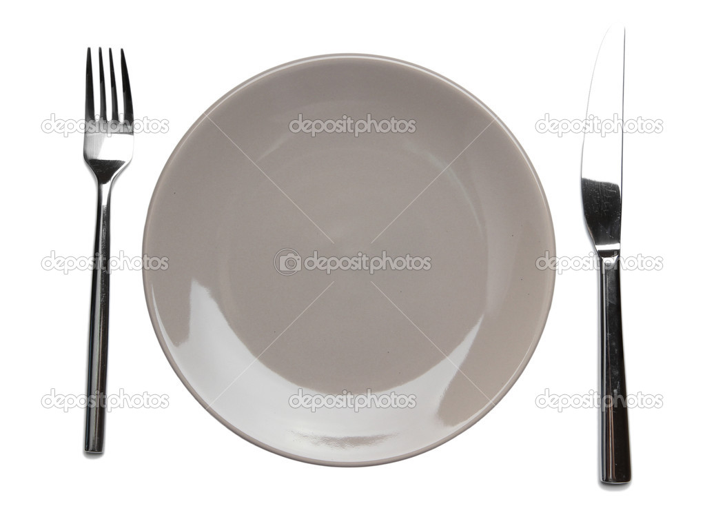 Knife, color plate and fork, isolated on white Stock Photo by ...