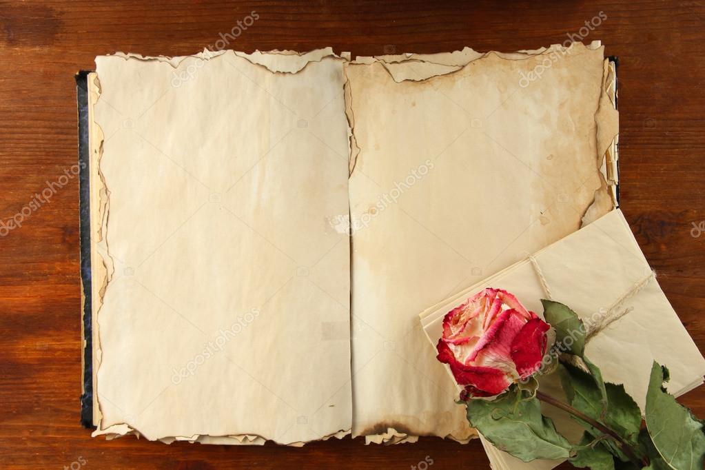 Open old book, letters and rose on wooden background — Stock Photo ...
