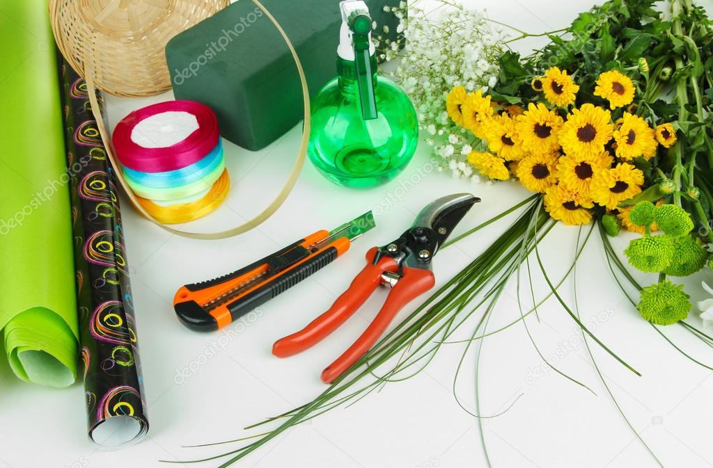 Composition with florist tools isolated on white — Stock Photo ...