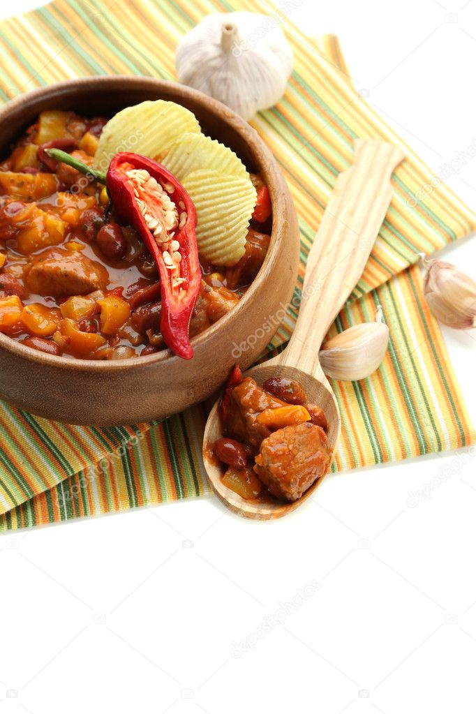 Chili Corn Carne - traditional mexican food, in wooden bowl, on napkin ...
