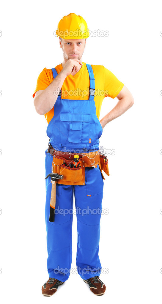 Portrait of young builder isolated on white — Stock Photo © belchonock ...