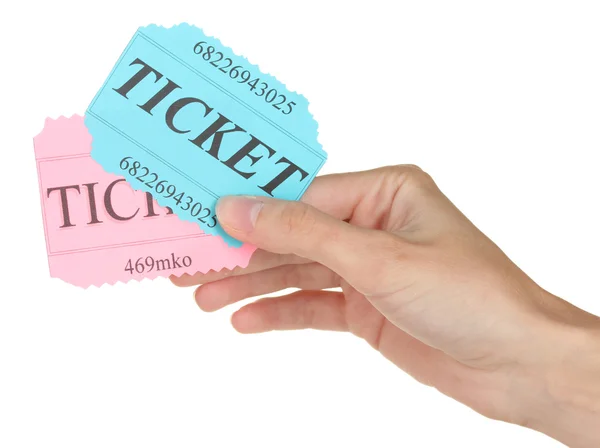 Woman's hand holding a colorful ticket on white background close-up ...