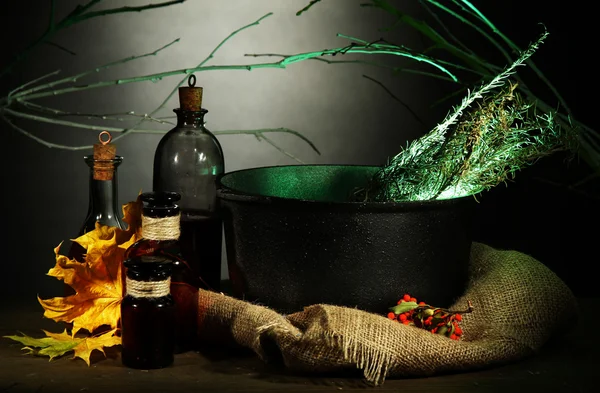 Scary Halloween laboratory on dark color background Stock Photo by ...