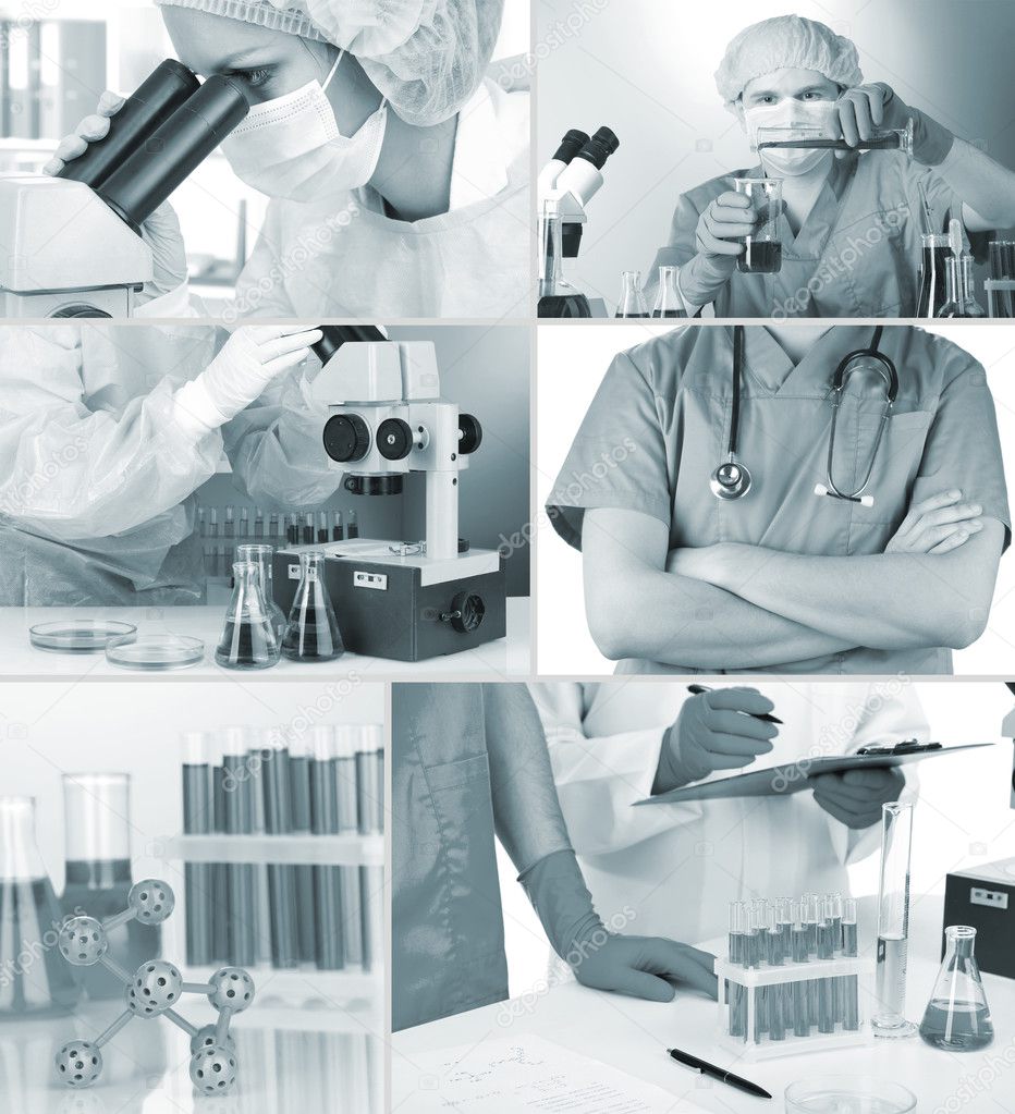 Collage de científicos y experimentos de laboratorio: fotografía de ...
