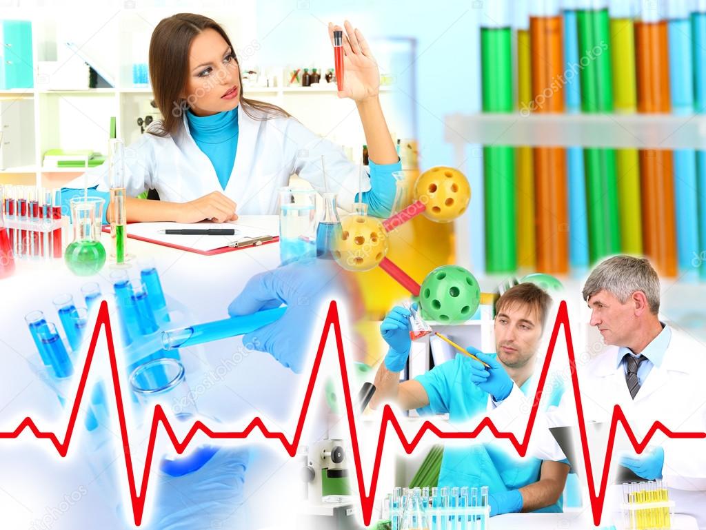 Collage de científicos y experimentos de laboratorio: fotografía de ...