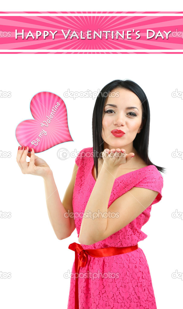Attractive young woman with Valentine card isolated on white — Stock ...