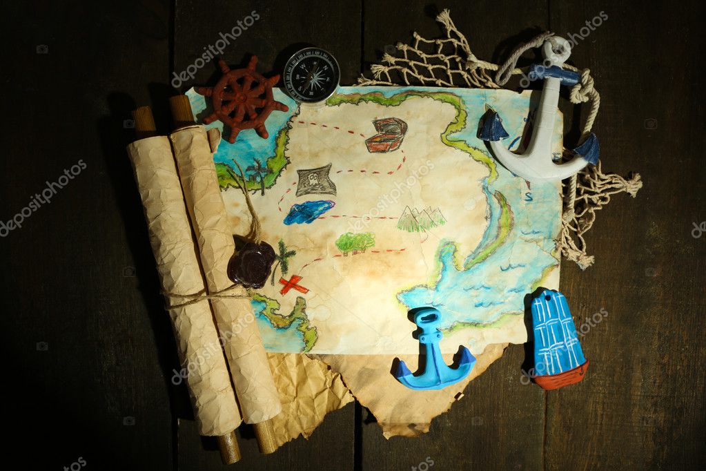 Treasure map with sea accessories, on wooden background Stock Photo by ...