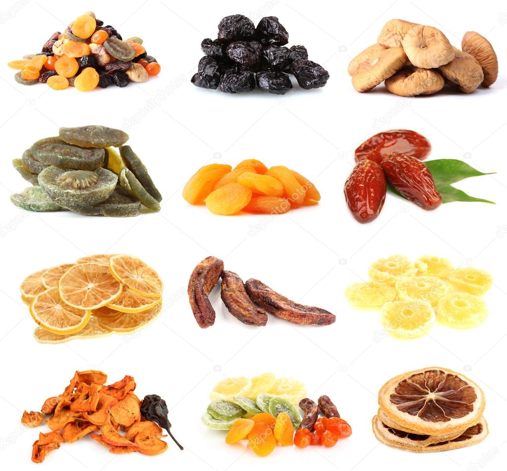 Collage de fruits secs isolés sur du blanc — Photo de stock par ...