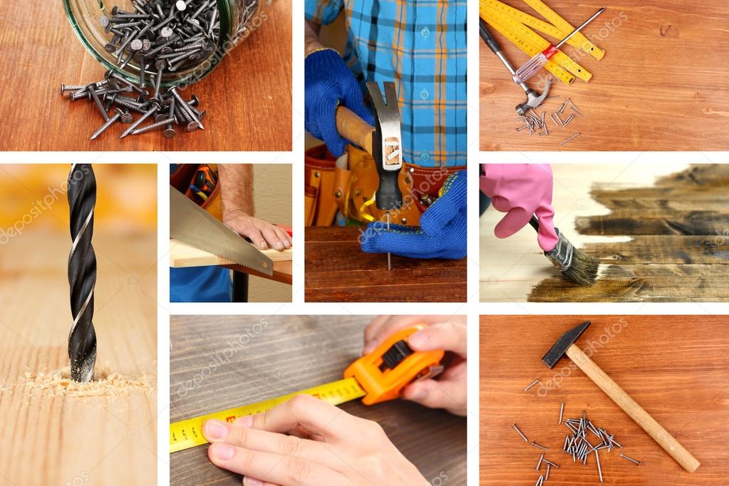Collage of working man and carpentry tools Stock Photo by ©belchonock ...
