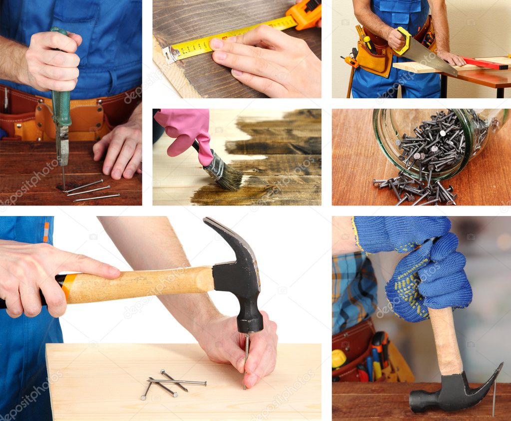 Collage of working man and carpentry tools Stock Photo by ©belchonock ...