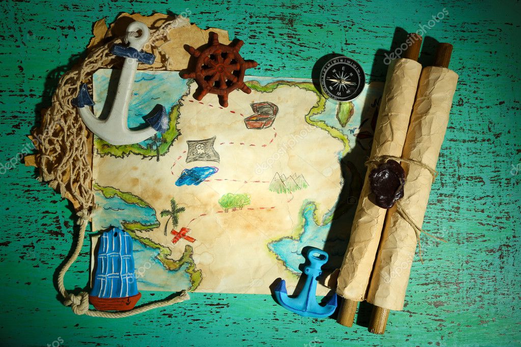 Treasure map with sea accessories, on wooden background Stock Photo by ...