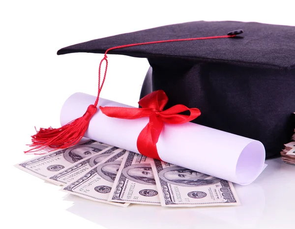 Graduation hat and scroll on money background — Stock Photo ...