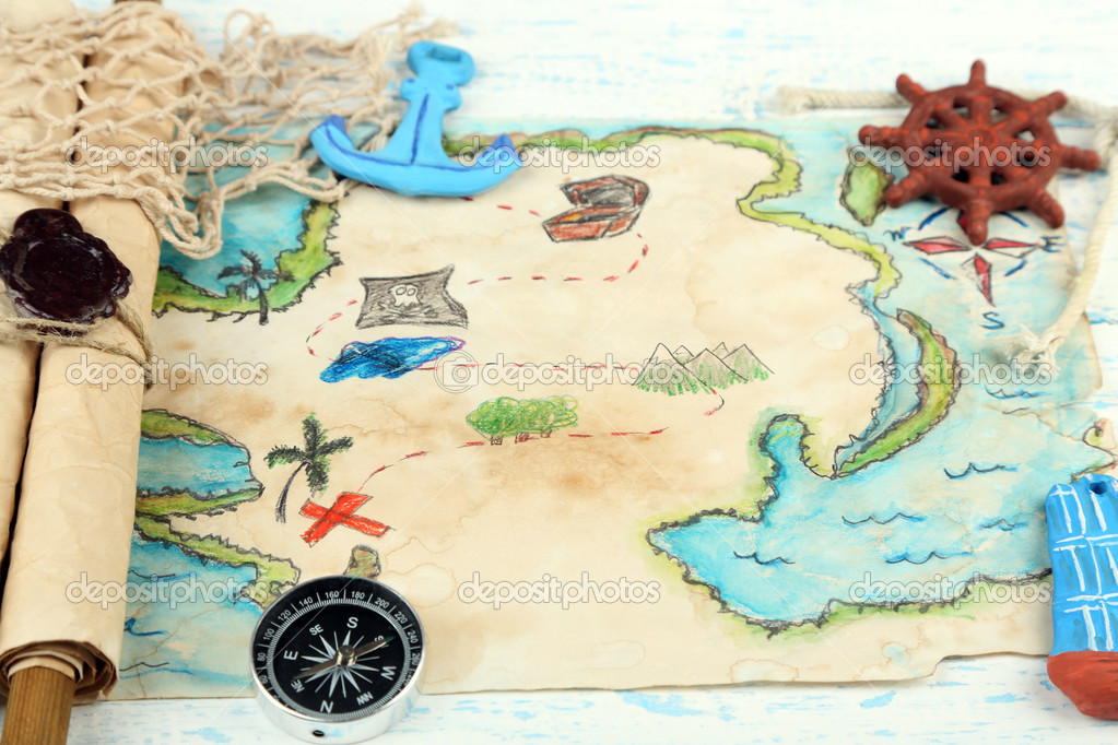 Treasure map with sea accessories, on wooden background Stock Photo by ...