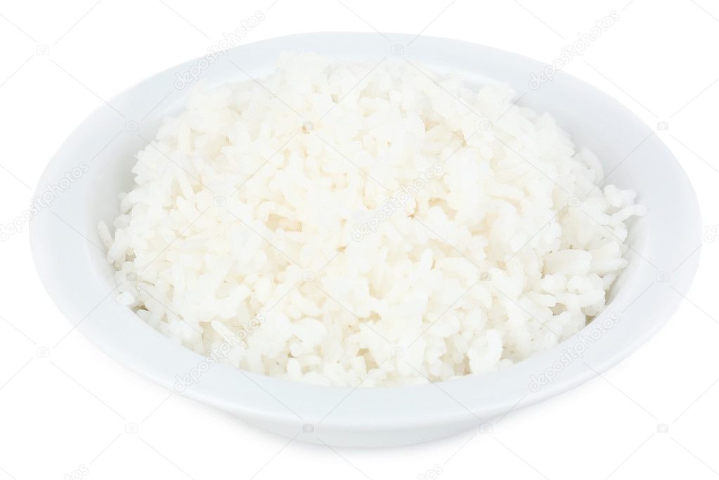 Cooked rice in bowl isolated on white — Stock Photo © belchonock #40900229