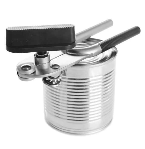 Can piercer with canned on wooden background Stock Photo by ©belchonock ...